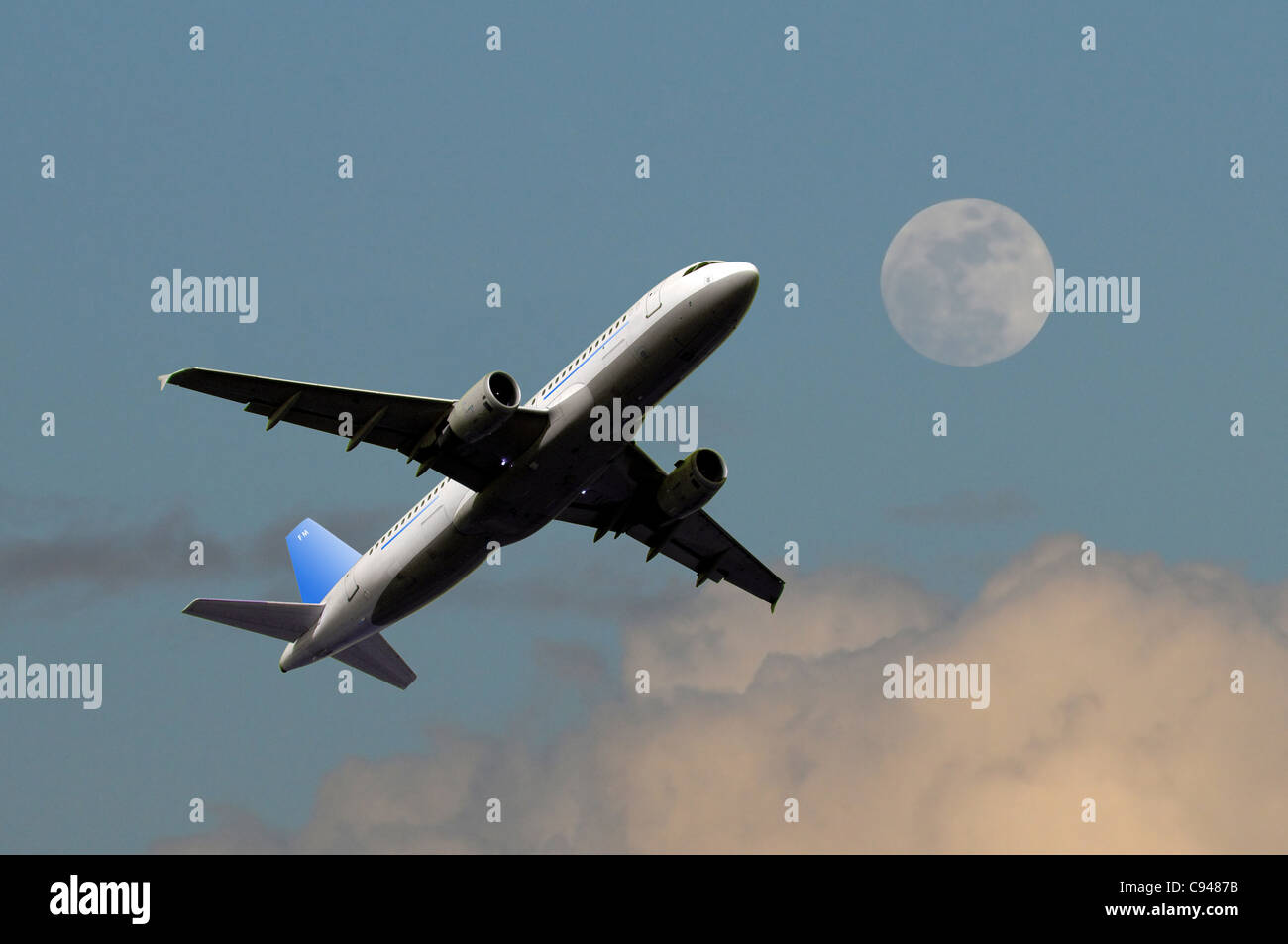 Passenger plane during flight and blue sky with moon Stock Photo - Alamy
