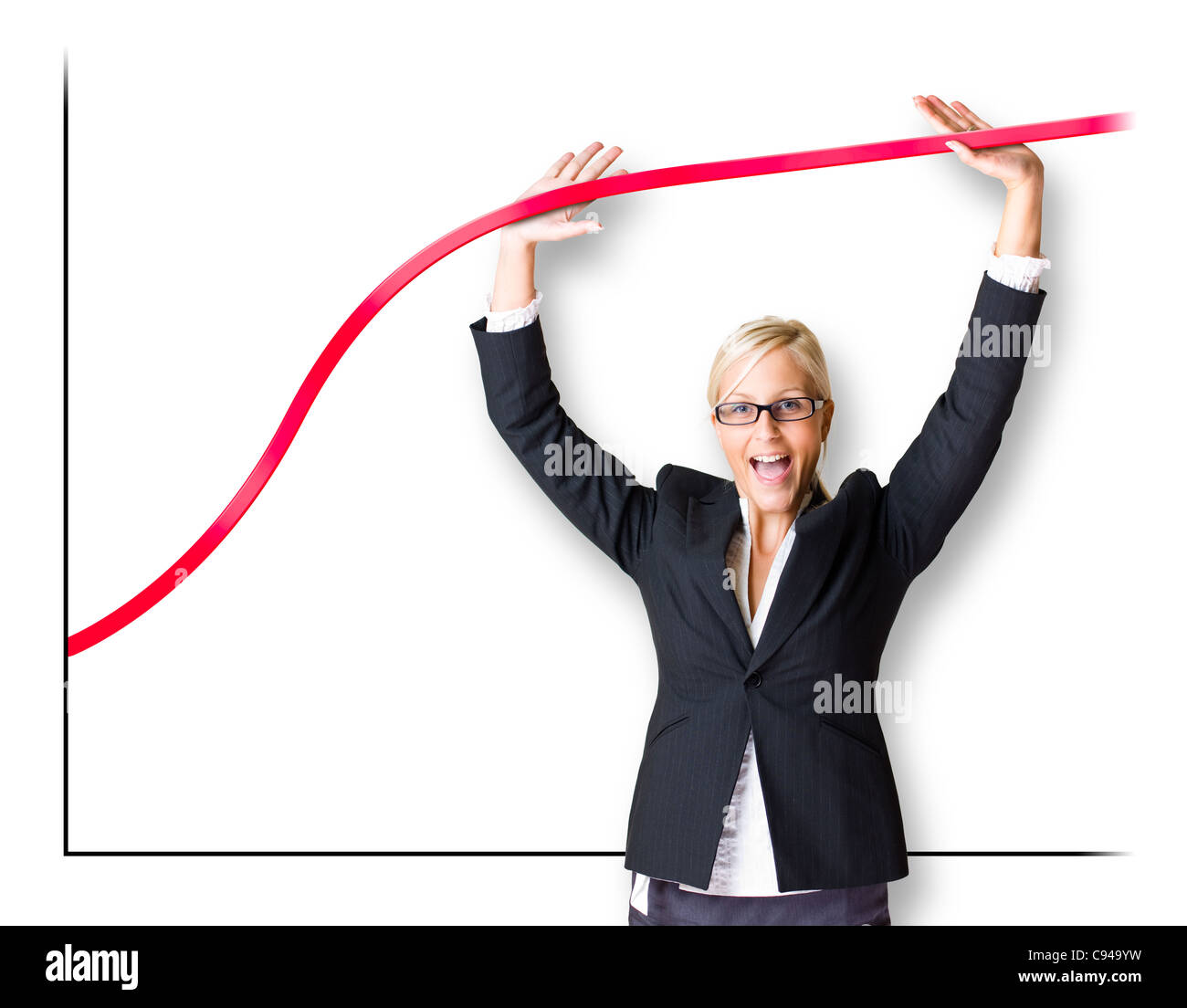 Blond busnes woman pushing the graph line upwards, isolated on white ...
