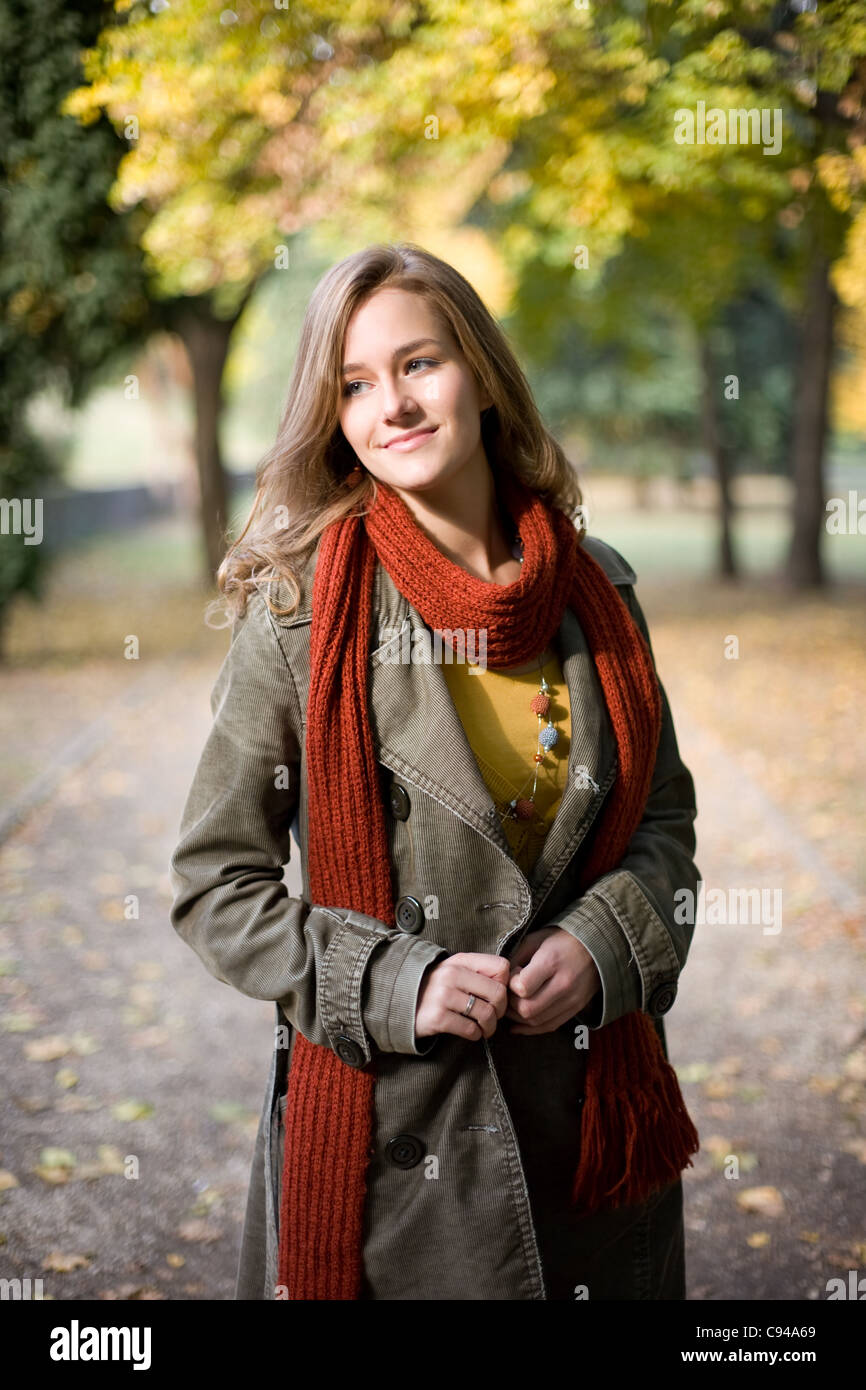 Half length portrait of stylish autumn fashion girl in the park Stock ...