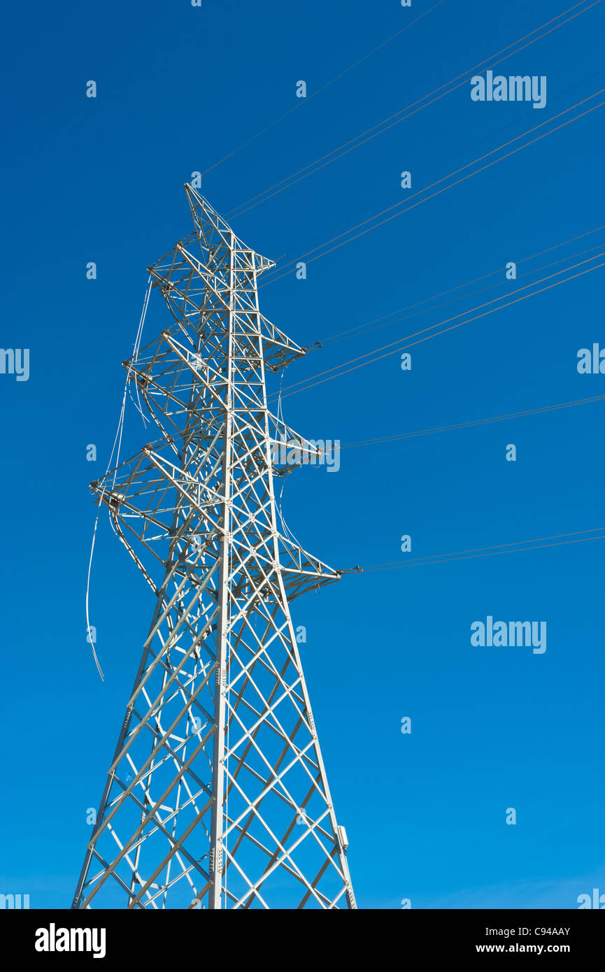 A massive high tension pylon from a low angle viewpoint Stock Photo - Alamy