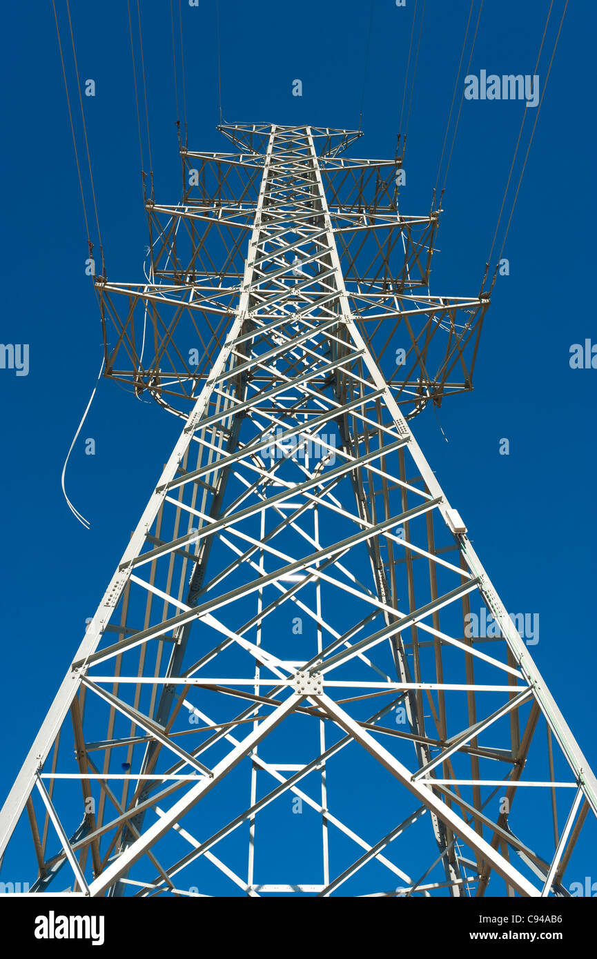 A massive high tension pylon from a low angle viewpoint Stock Photo - Alamy