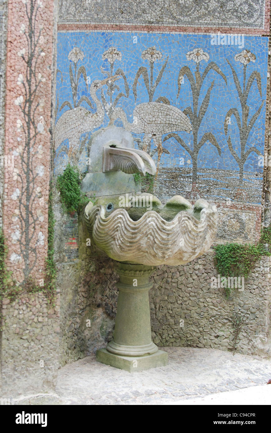 Gardens, Quinta da Regaleira, Sintra, mosaic shell shaped fountain with ...