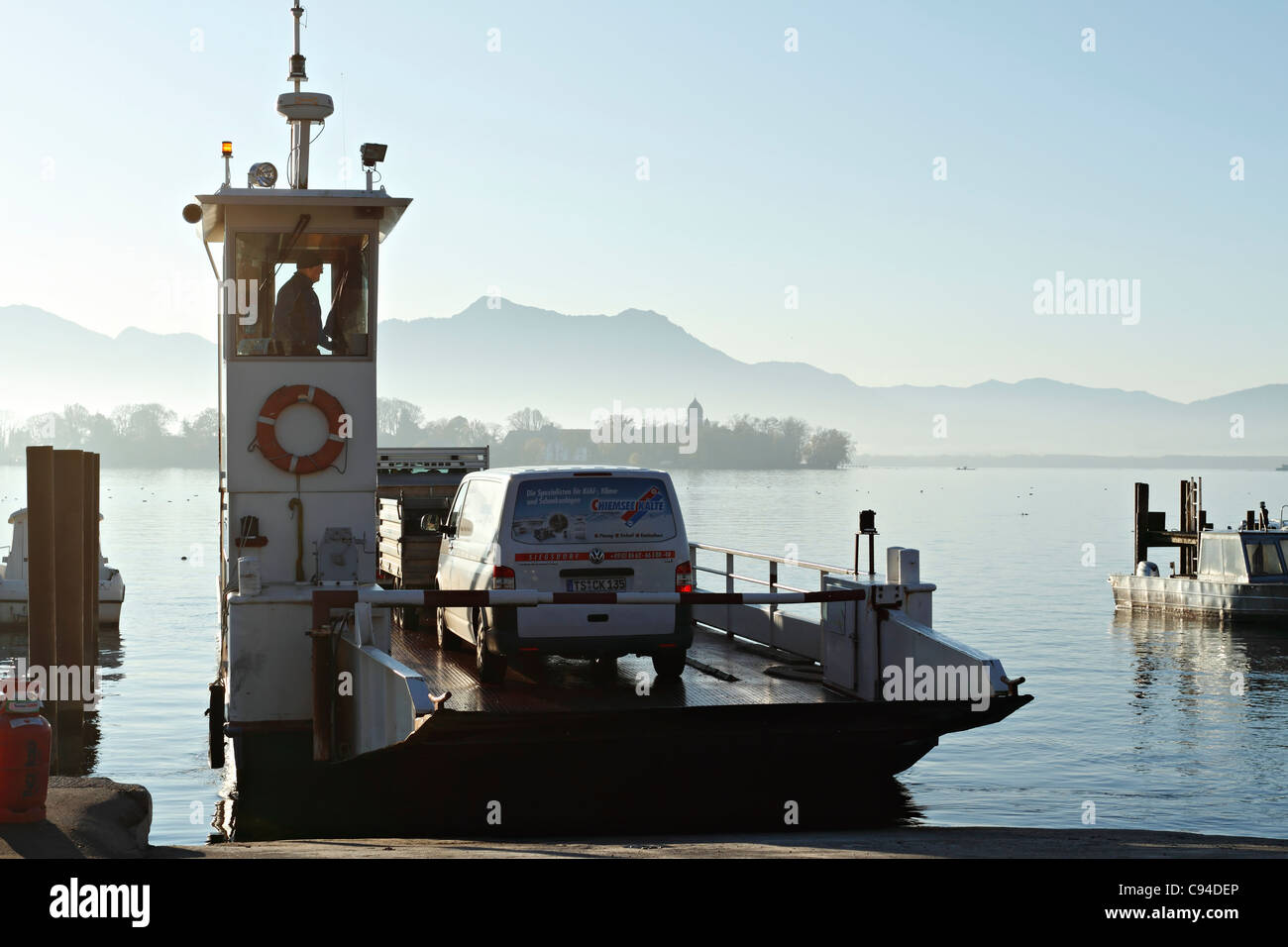 Vehicle boat transporter in harbour, Chiemsee Chiemgau Upper Bavaria ...