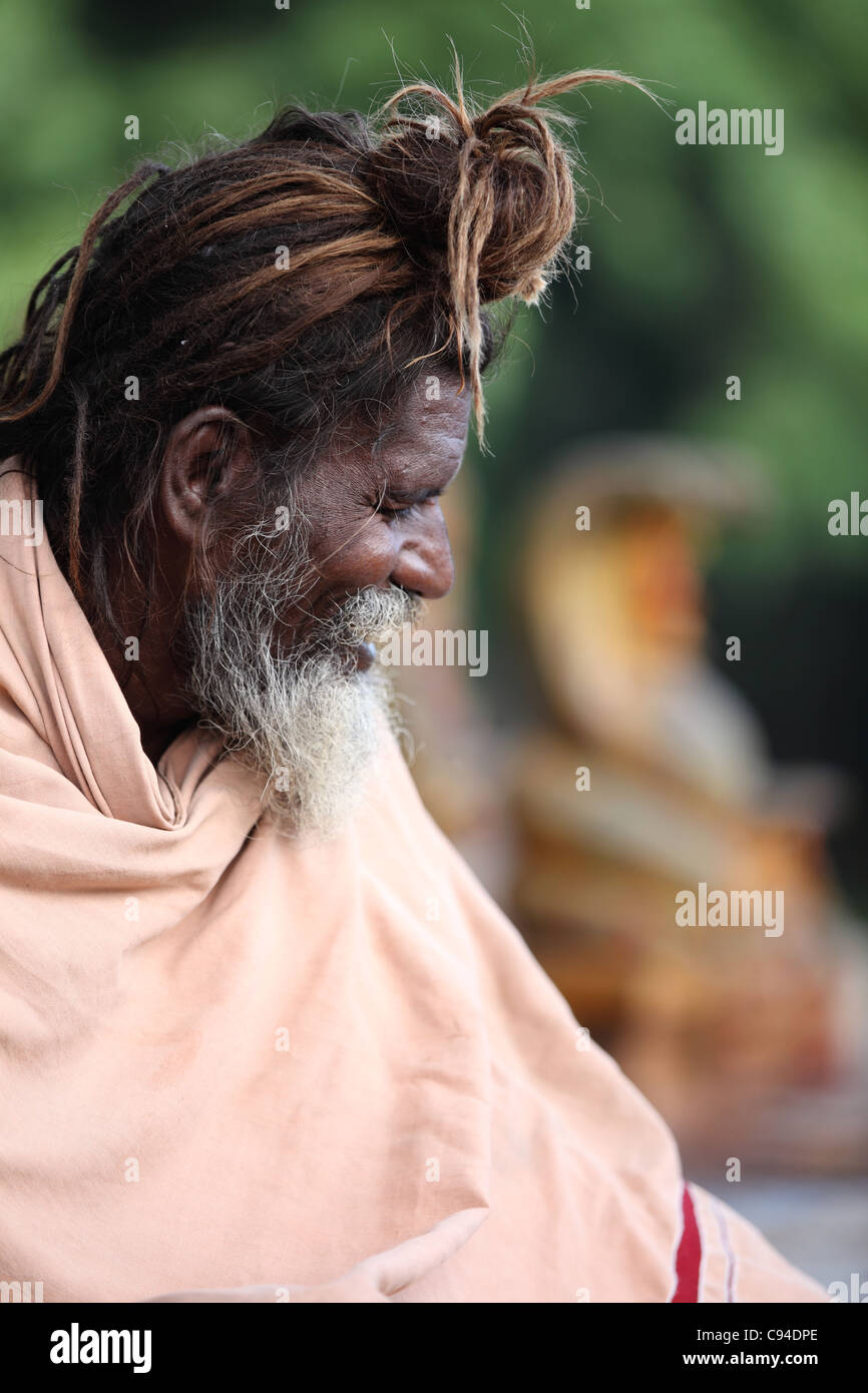 Sadhu sitting at a holy tree with statues of Hindu gods Tamil Nadu ...