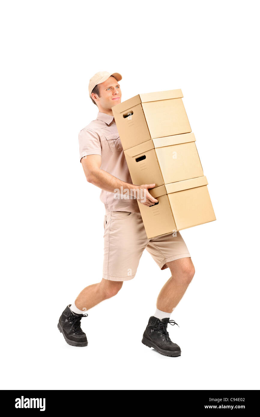 Full length portrait of a delivery person delivering boxes Stock Photo ...