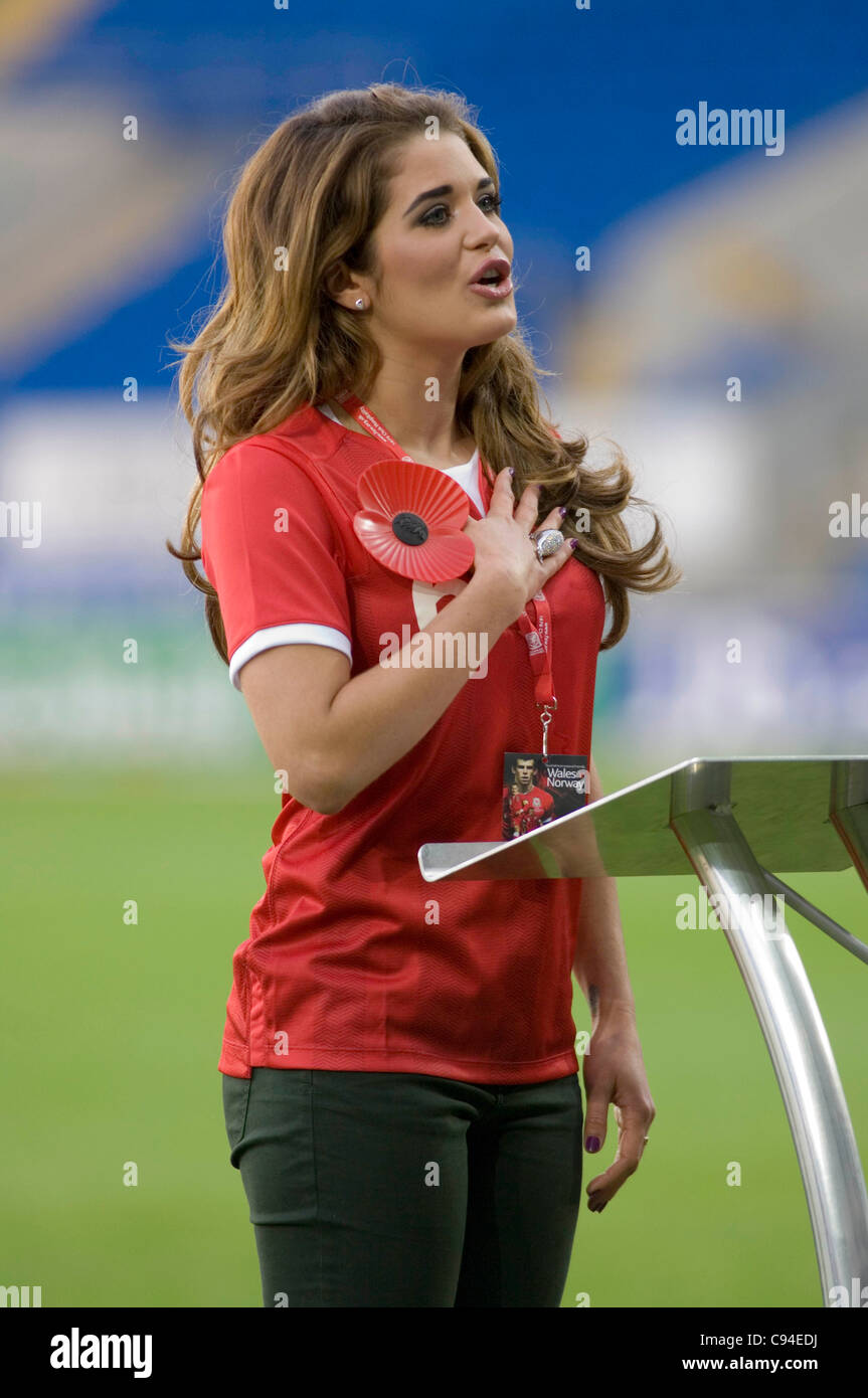Miss Wales 2010 Courtenay Hamilton singing the national anthem. Wales v ...
