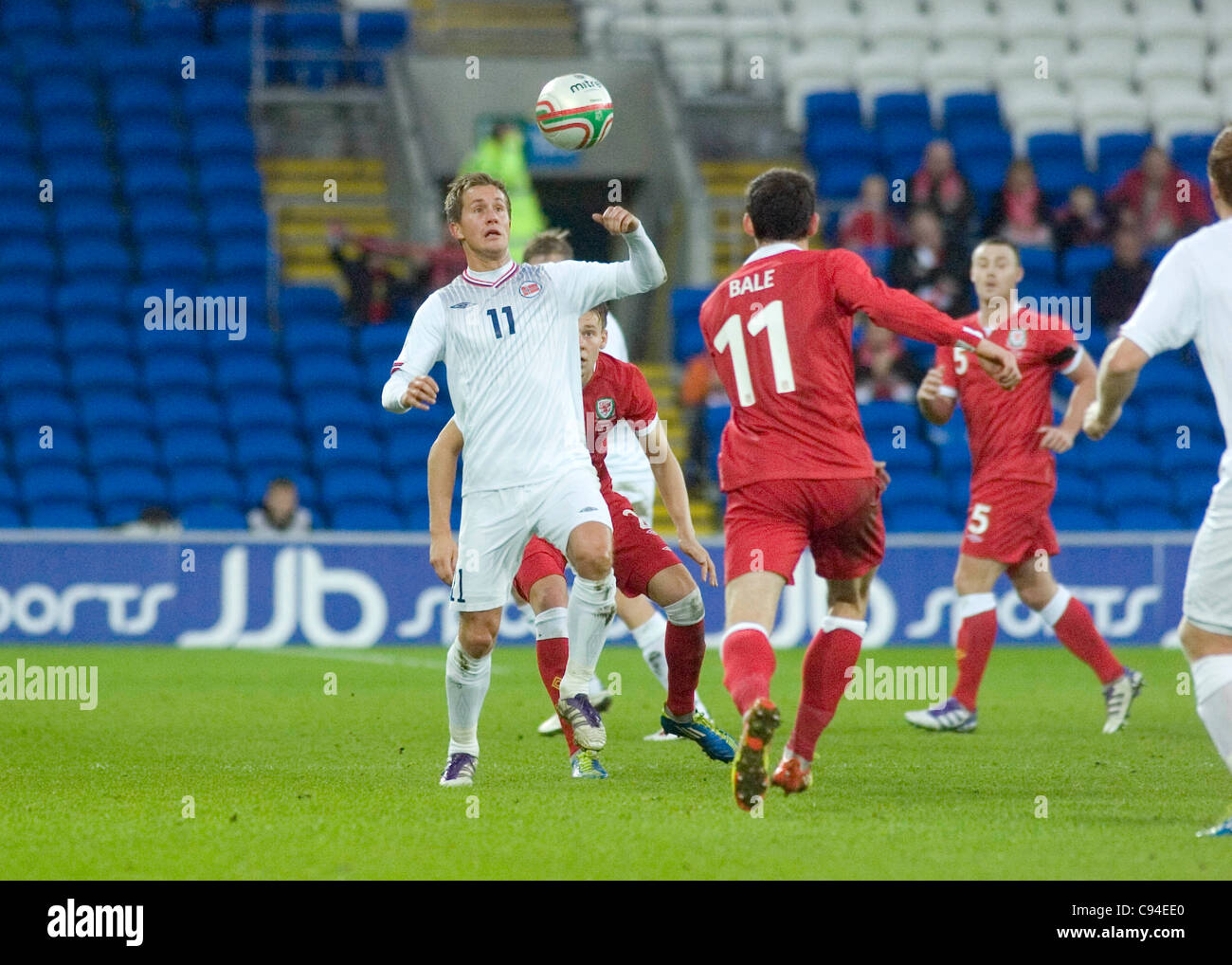 Norways Morten Gamst Pedersen (11) and Gareth Bale of Wales during the ...