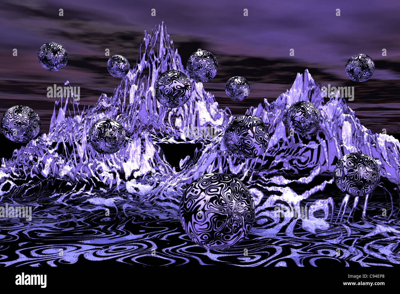 Beneath a stormy sky this alien mountain planet comes to life Stock ...