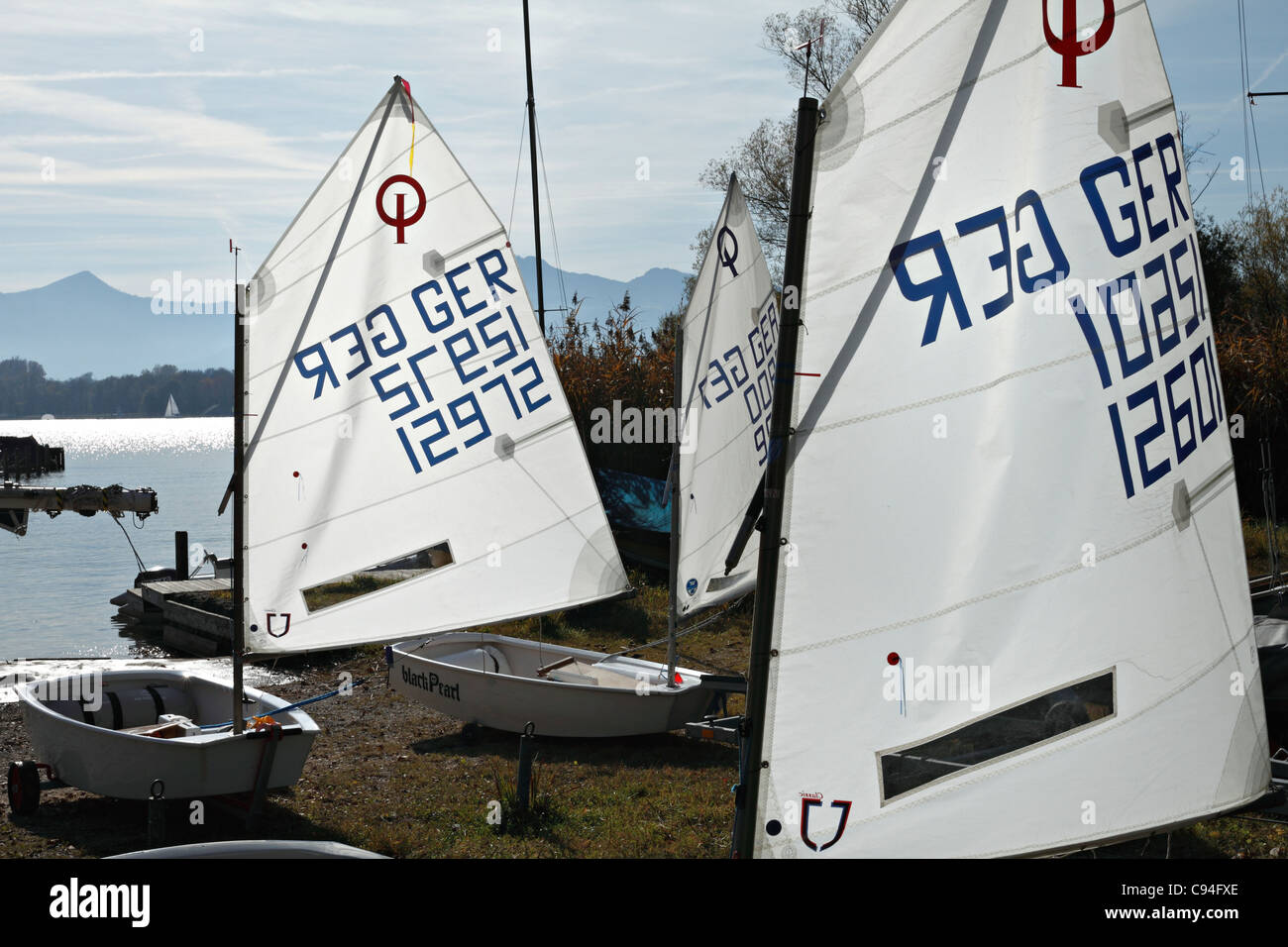 Childrens training sail boats, Chiemsee Chiemgau Upper Bavaria Germany ...