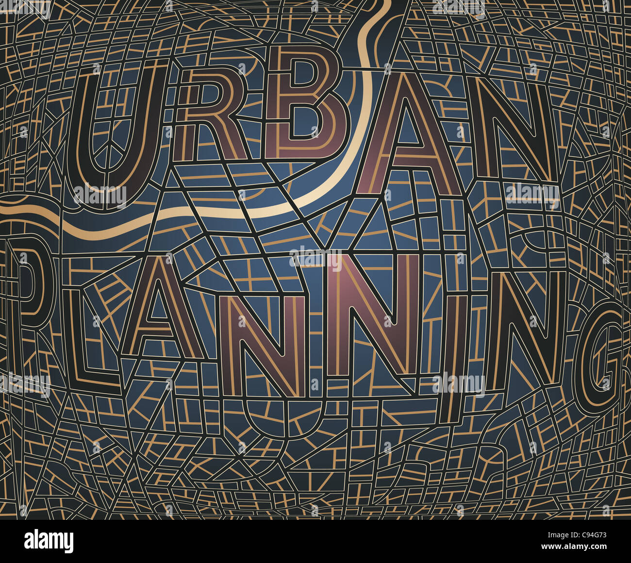 Illustrated map of a generic city with the streets spelling the words ...