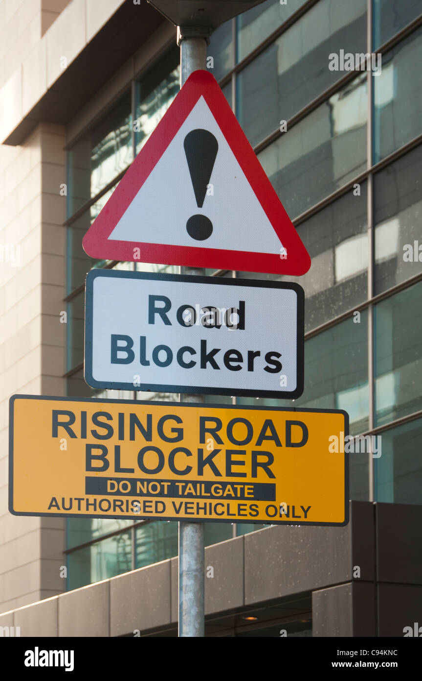 Road blocker warning signs at MediaCityUK, Salford Quays, Manchester ...