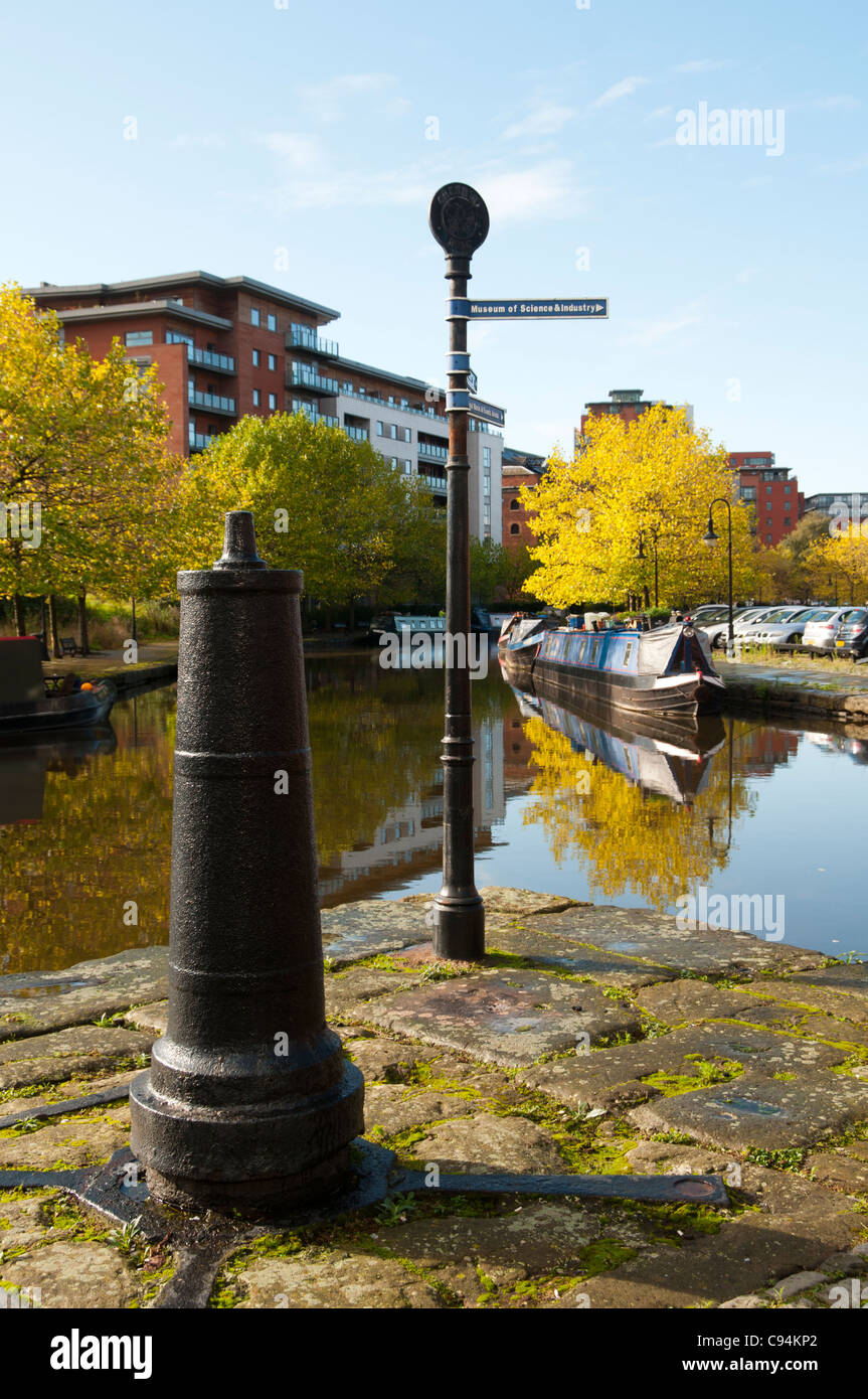A sign and narrowboats on the Bridgewater Canal at Castlefield Basin ...