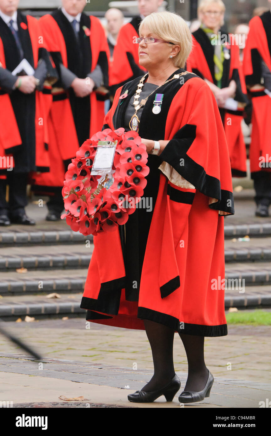 Ruth Patterson, Deputy Lord Mayor for Belfast, lays a wreath during the ...