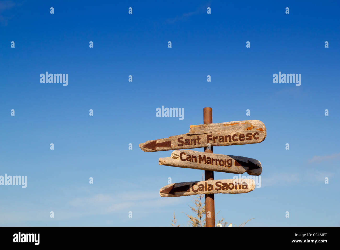 Formentera wood road signs Can Marroig Cala Saona Sant Francesc Stock ...