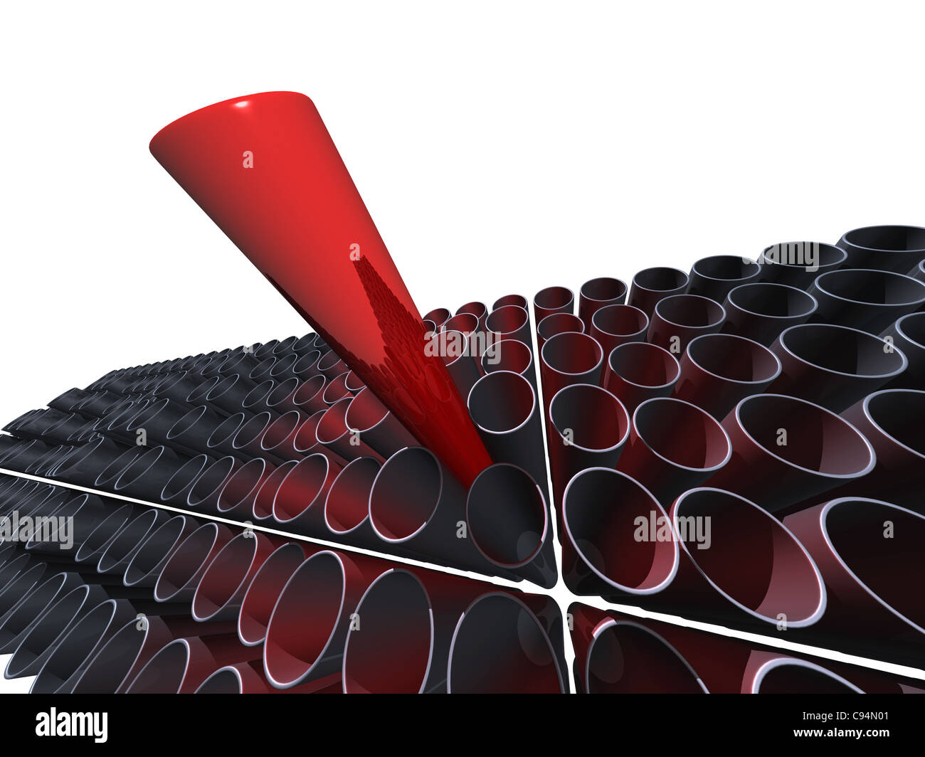 One big red pipe above many other grey pipes on a white background ...