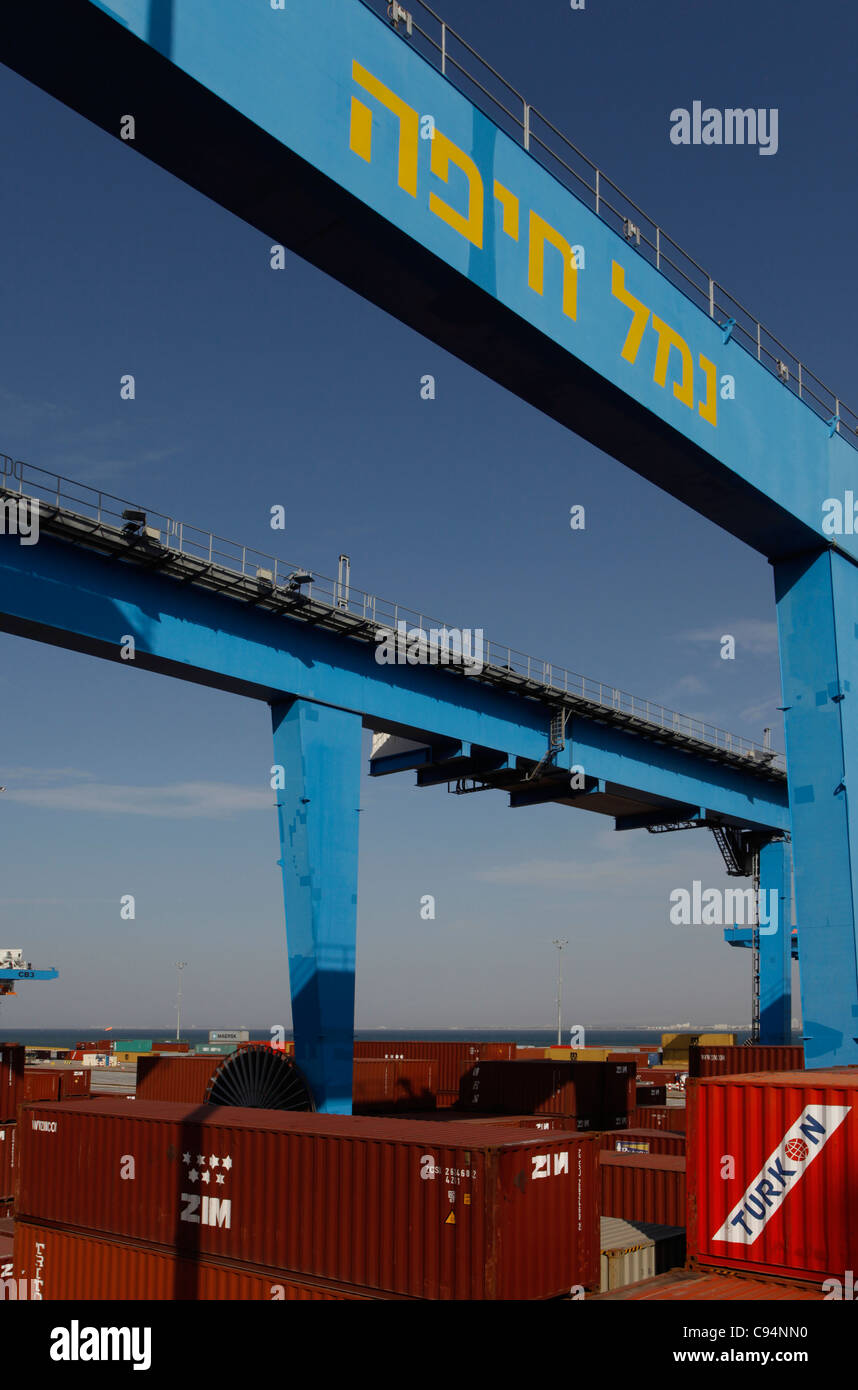 Cargo containers stacked at the cargo terminal in the Port of Haifa ...