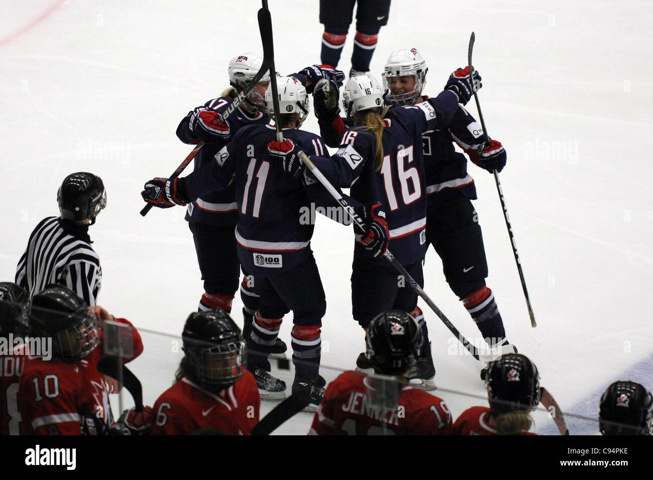USA celebrating their third goal, by #16 Kelli Stack. The final between ...