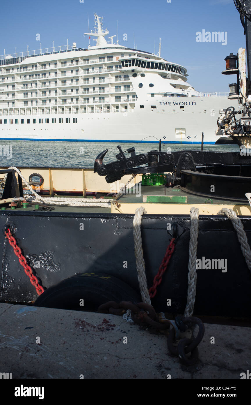 The World passenger cruiser, depicted docked in Haifa, serves its 200 ...