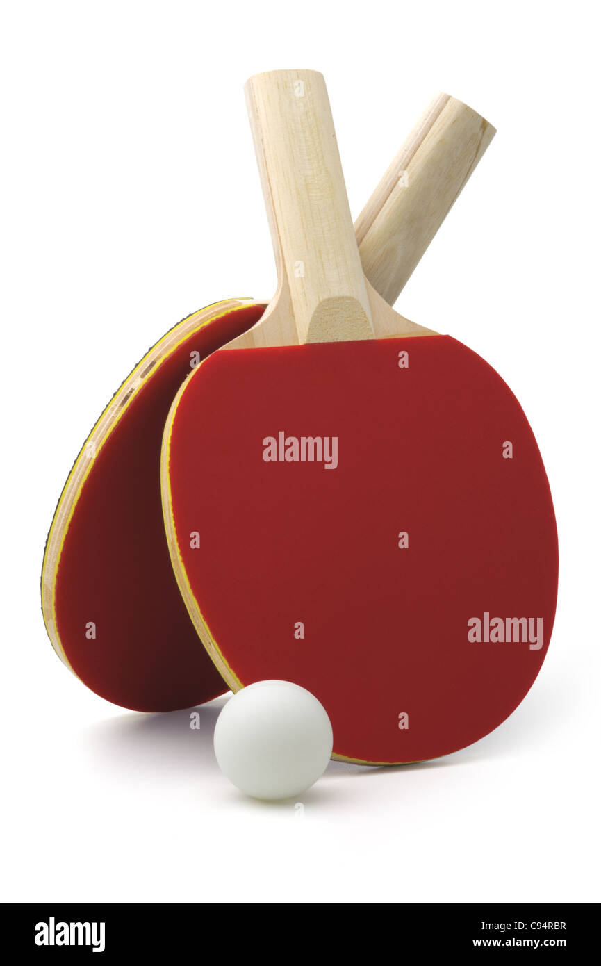 Pair of red ping-pong rackets and white ball, isolated on white ...