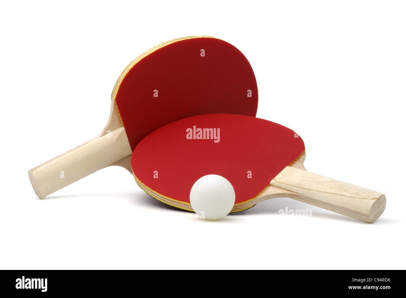 Pair of red ping-pong rackets and white ball, isolated on white ...