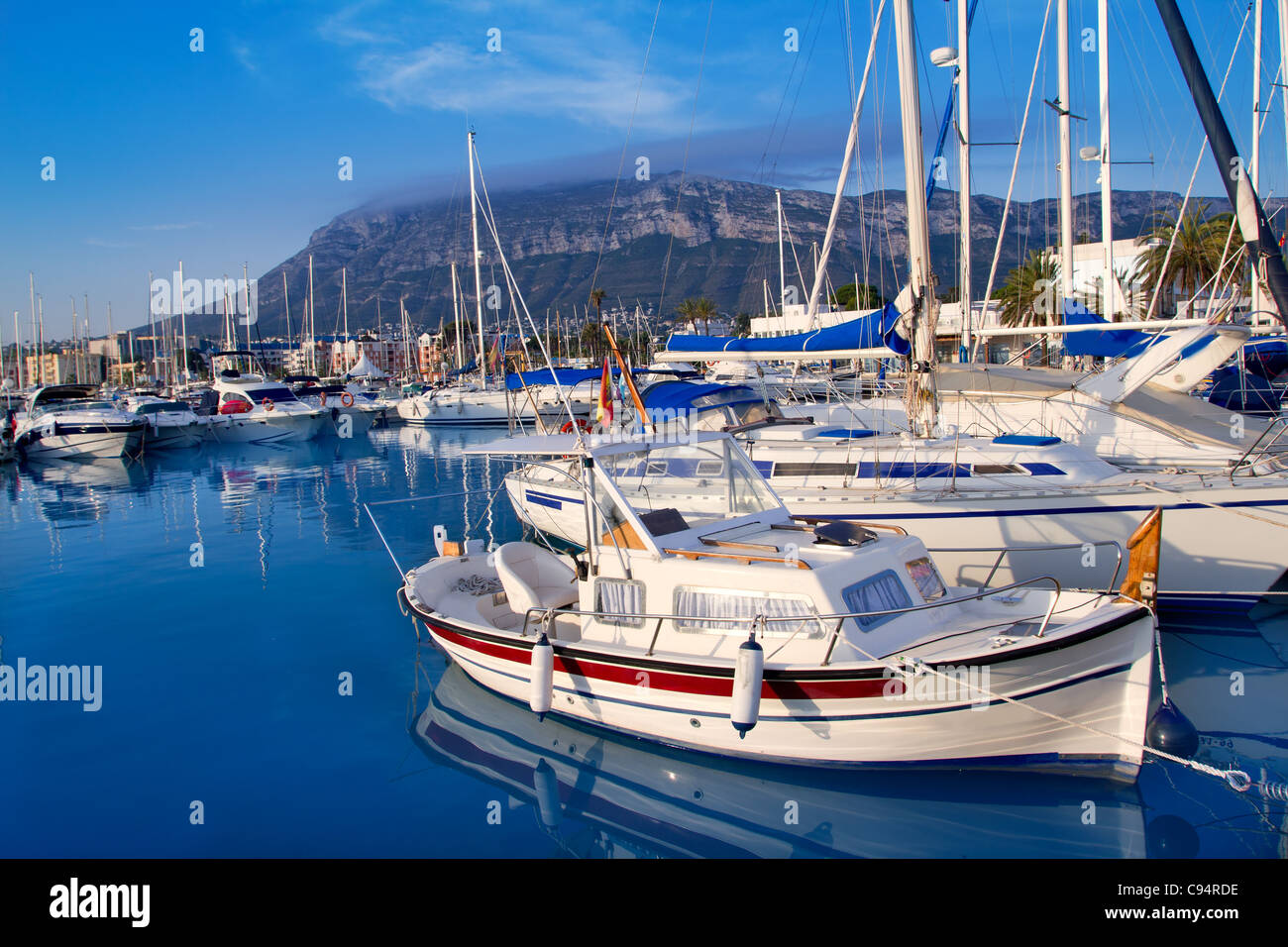 Denia marina port boats and Mongo mountain in Alicante Spain Stock ...