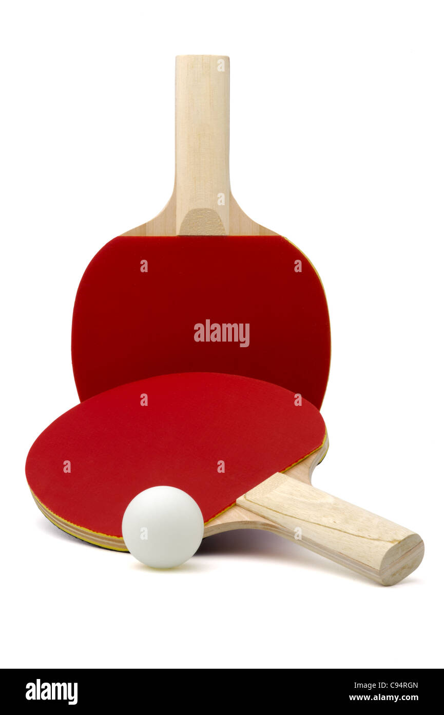 Pair of red ping-pong rackets and white ball, isolated on white ...