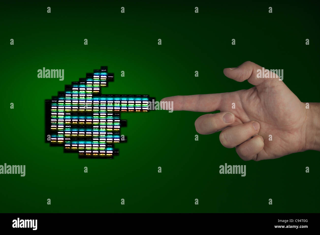 the computer hand pointer touching a real human hand symbolizes the ...