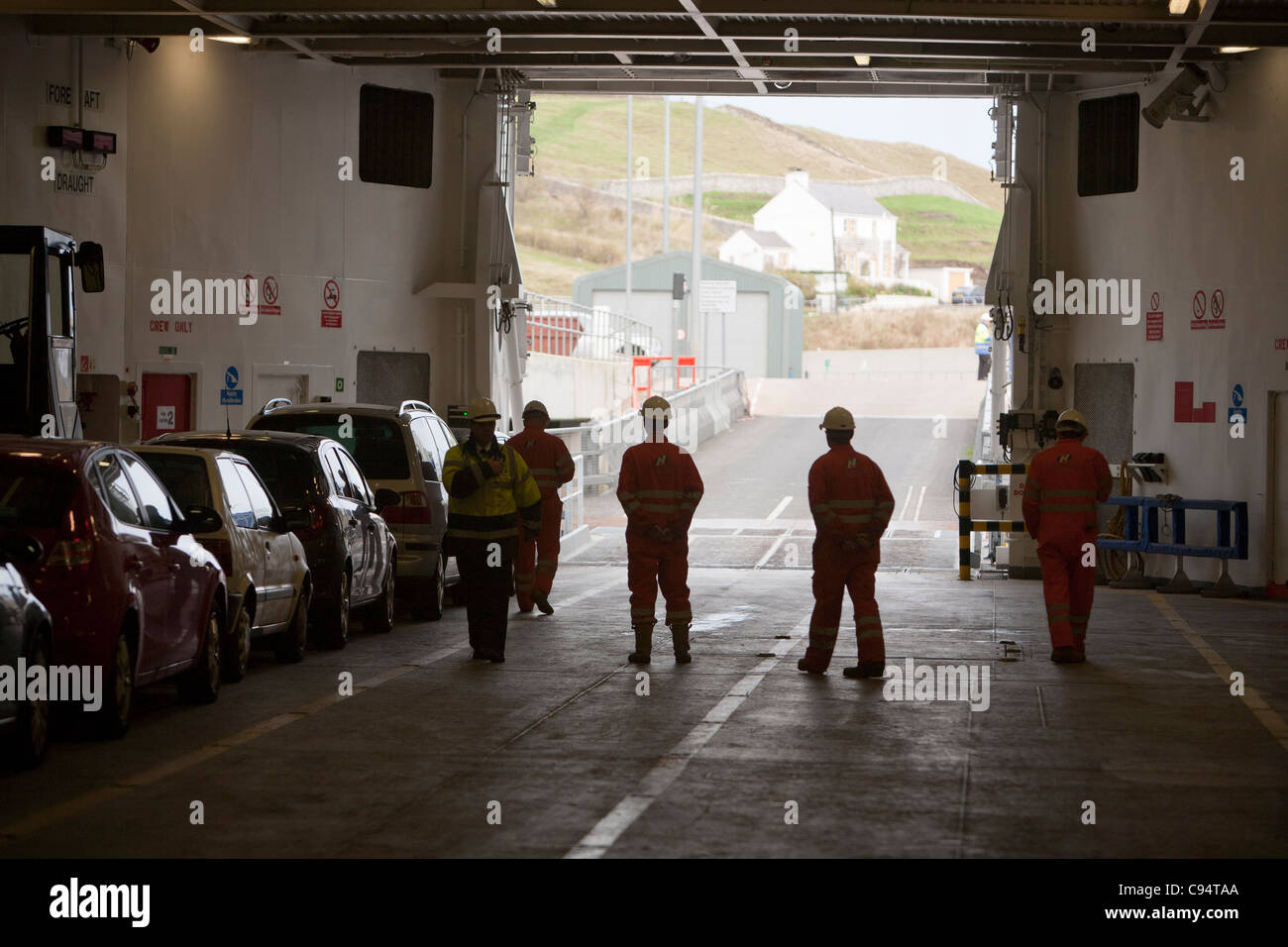 The vehicle deck of a Northlink ferry in Scrabster harbour on Scotlands ...