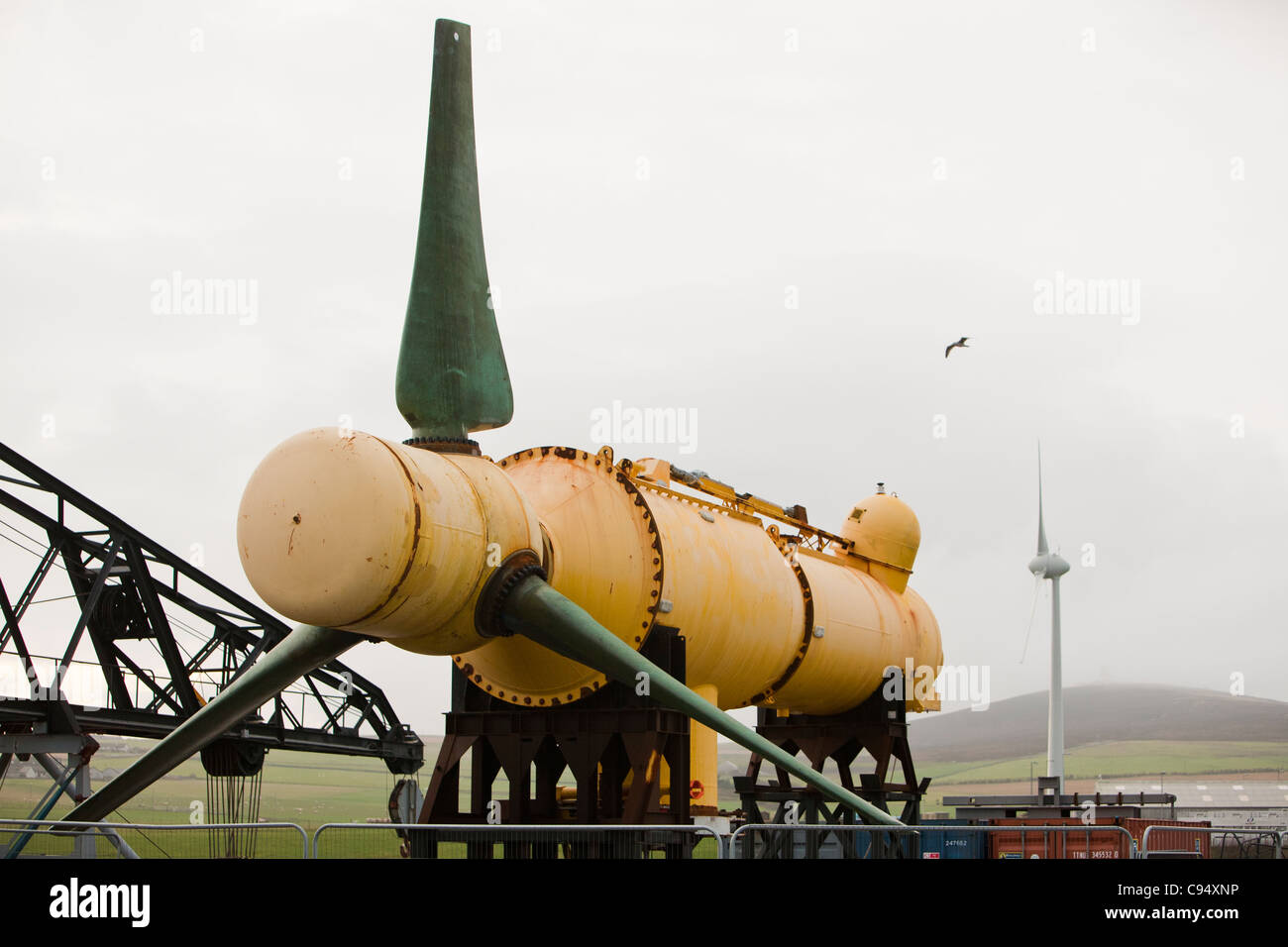 A tidal energy turbine on the dockside in Kirkwall, Orkney, Scotland ...