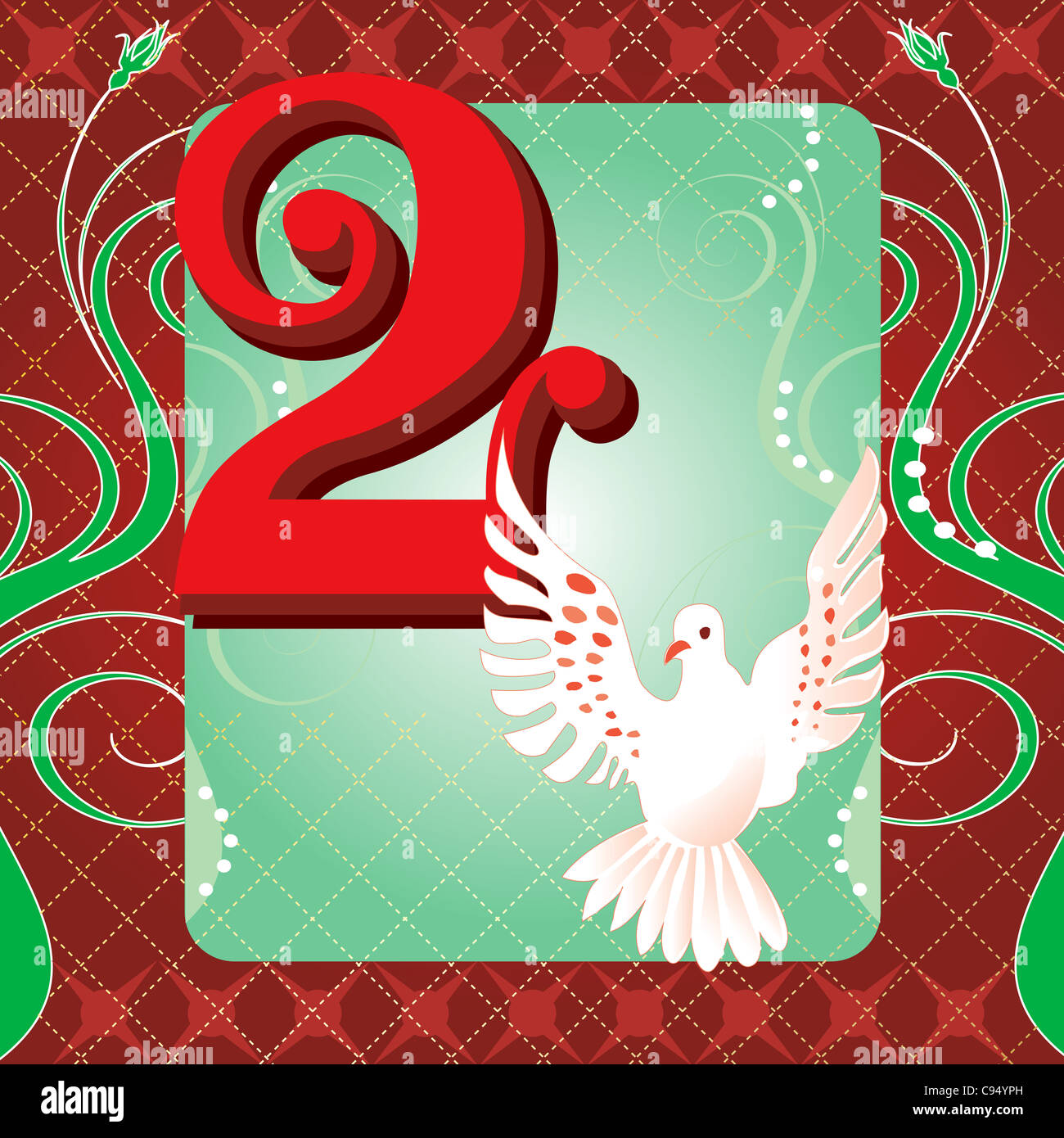 Vector Illustration Card for the 12 days of Christmas. Two Turtle Doves ...
