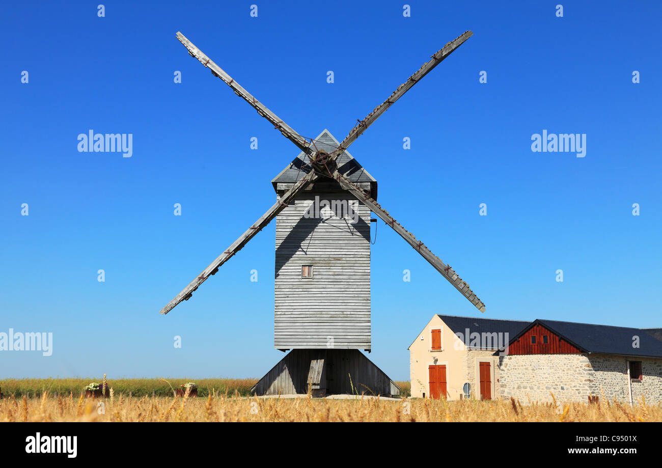Traditional wooden windmill in the Eure&Loir region of France.This ...