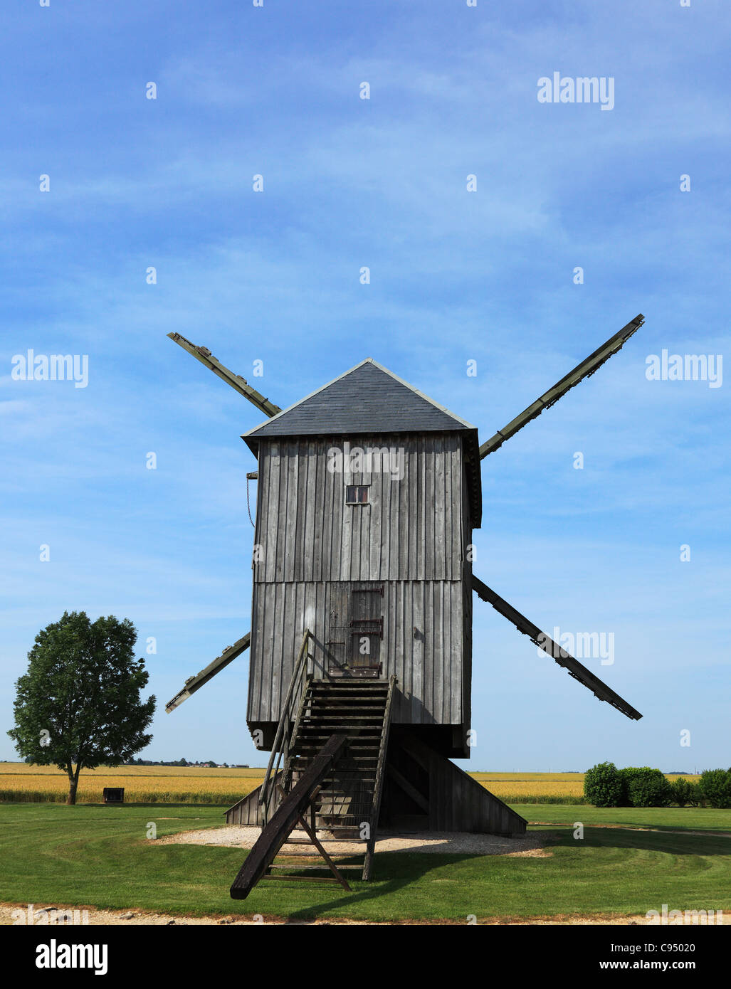 Back part of a traditional wooden windmill in France in the Eure &Loir ...