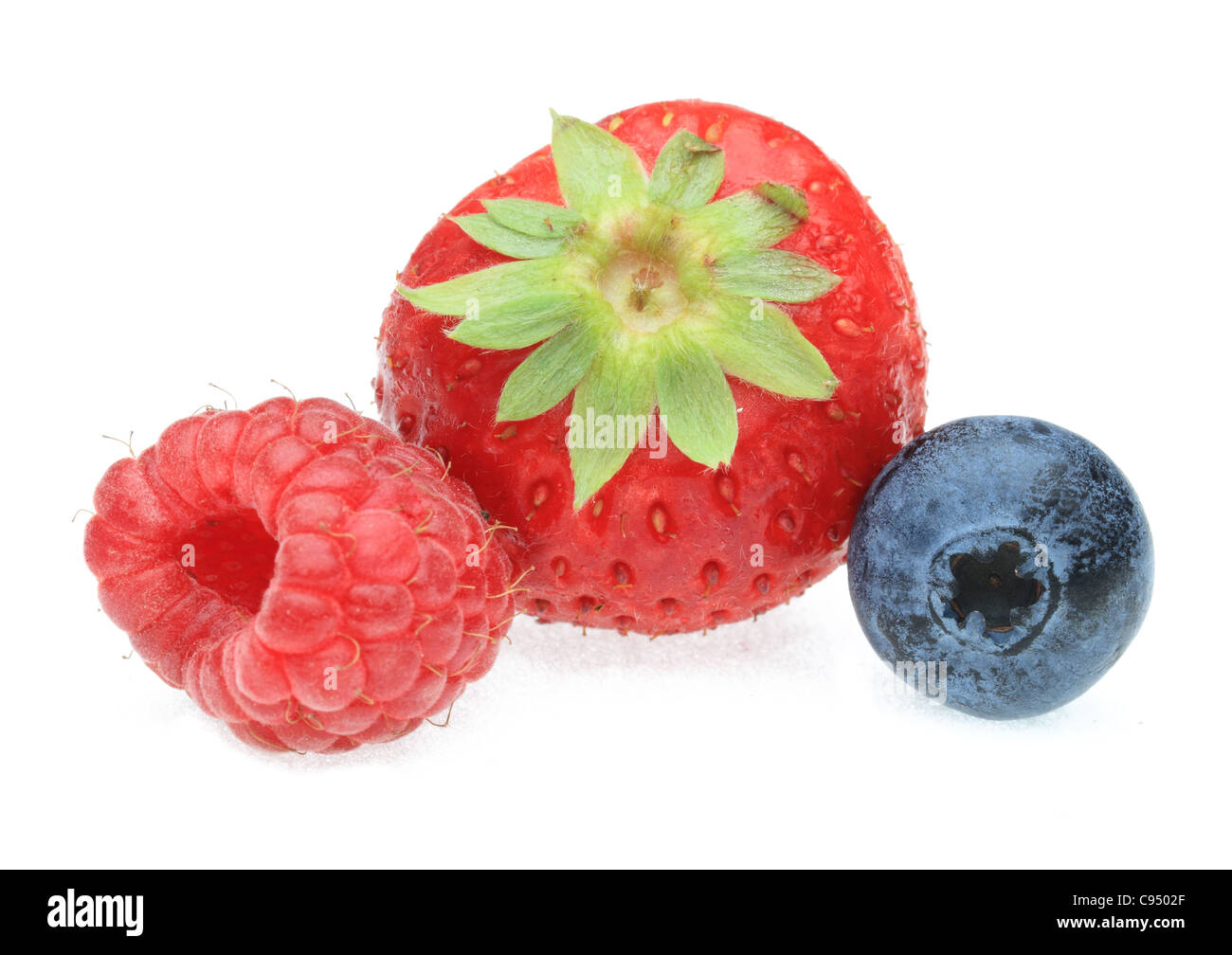 Three berry fruit photographed in a studio against a white background ...