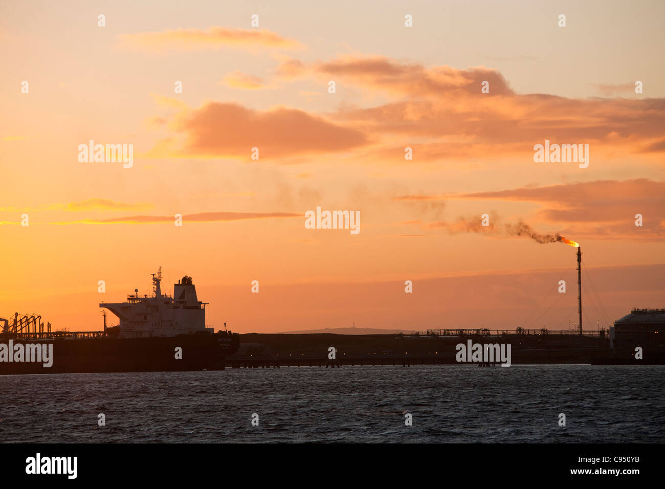 A Greek oil tanker docked at the Flotta oil terminal on the Idsland of ...