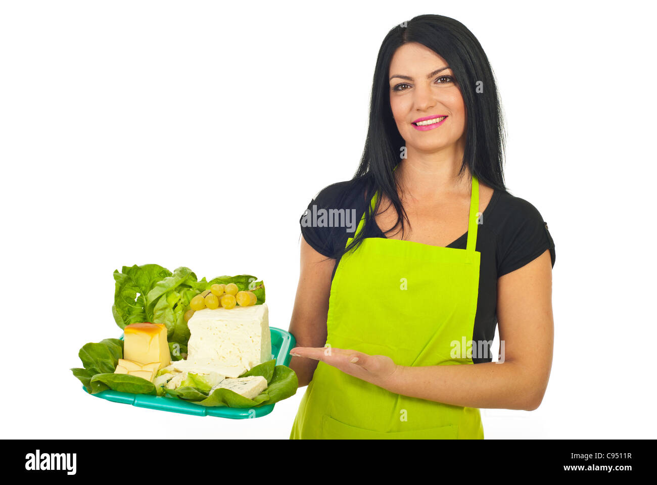 Happy cheesemaker woman showing different cheese on plateau isolated on ...