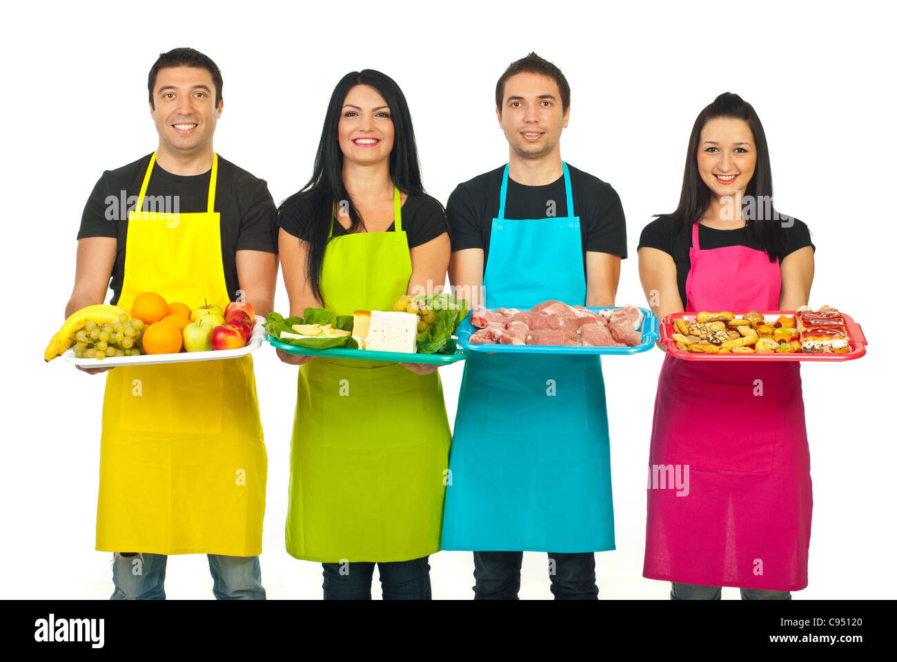 Line of four market workers holding their products on plateaus isolated ...