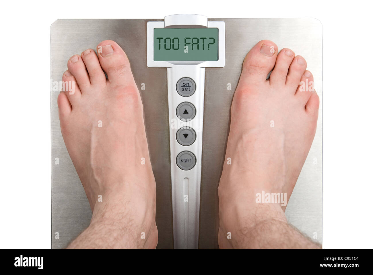 Concept: Too fat. Scale and legs on white Stock Photo - Alamy