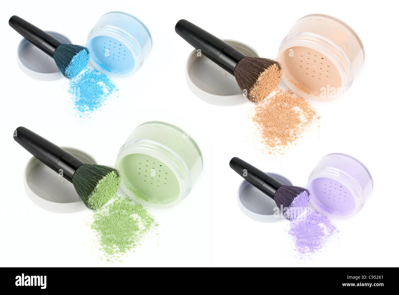 Color face powders set with make-up brush on white Stock Photo - Alamy