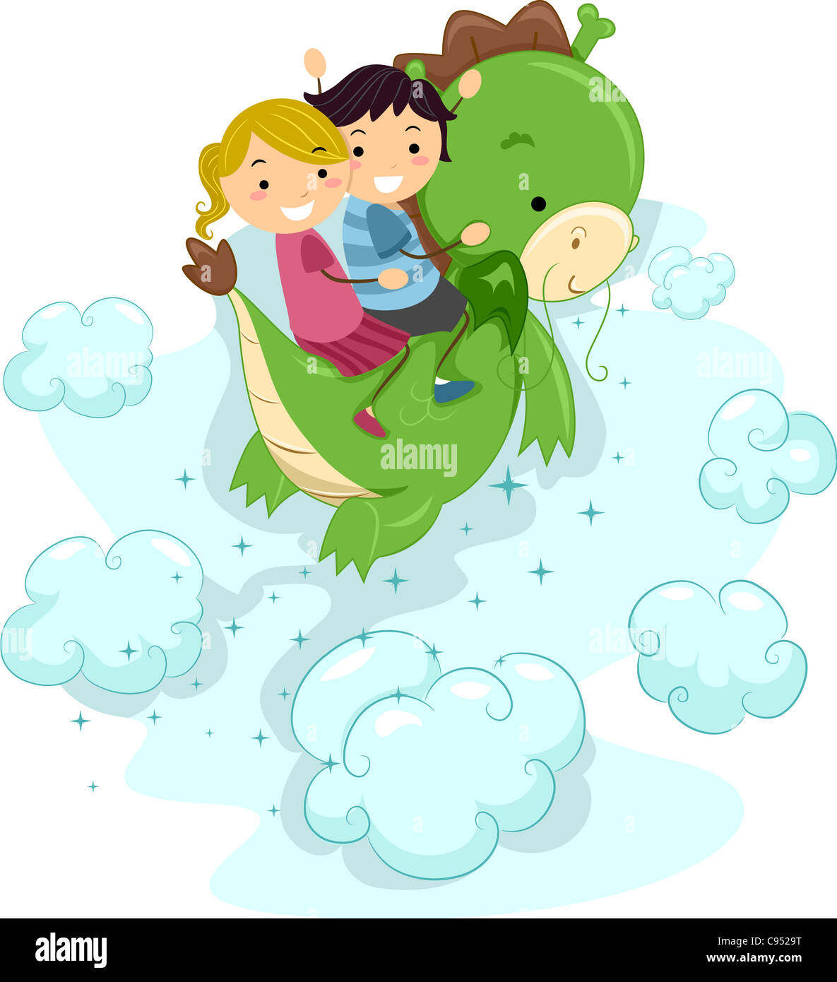 Illustration of Kids Riding a Dragon Stock Photo - Alamy