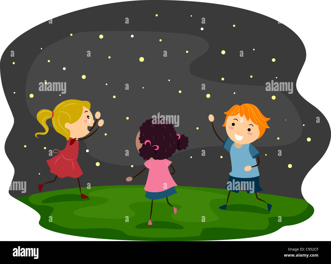 Illustration of Kids Chasing Fireflies Stock Photo - Alamy