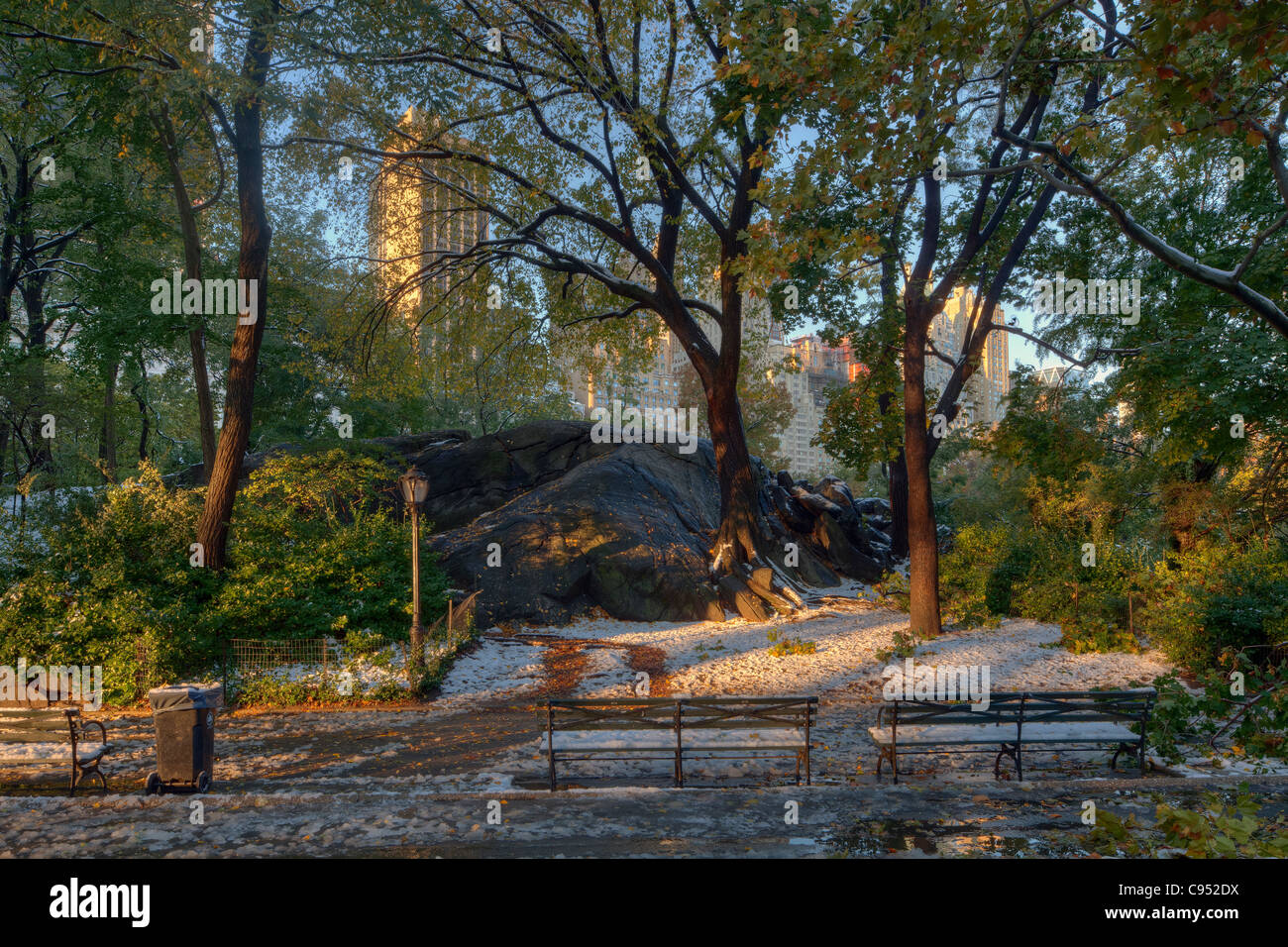 Central Park, New York City after snow storm in early autumn Stock ...