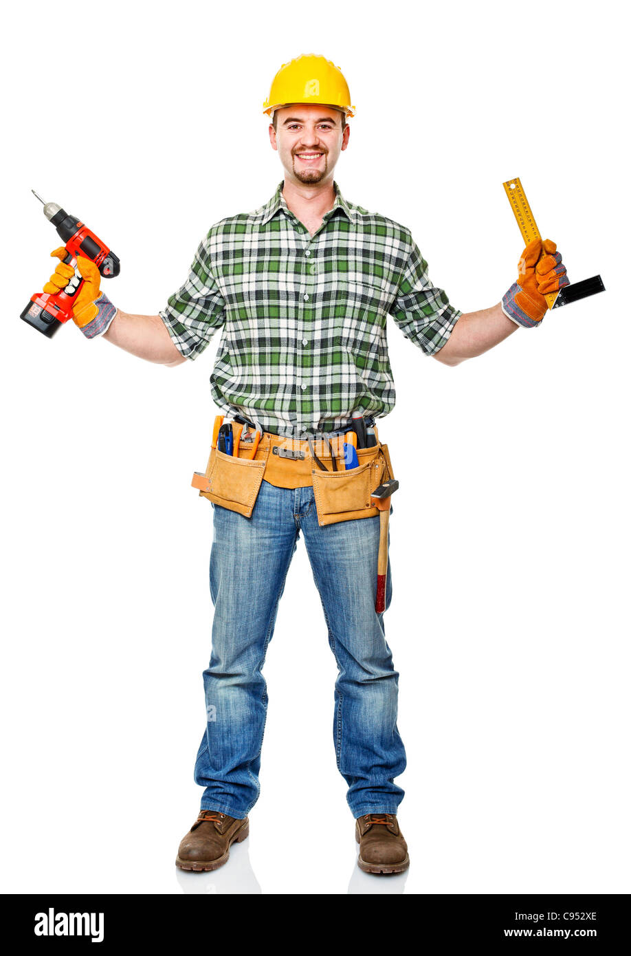 smiling caucasian handyman with tools Stock Photo - Alamy
