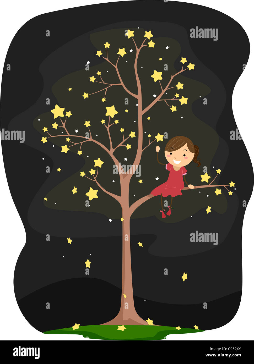 Illustration of a Kid Sitting on a Star Tree Stock Photo - Alamy