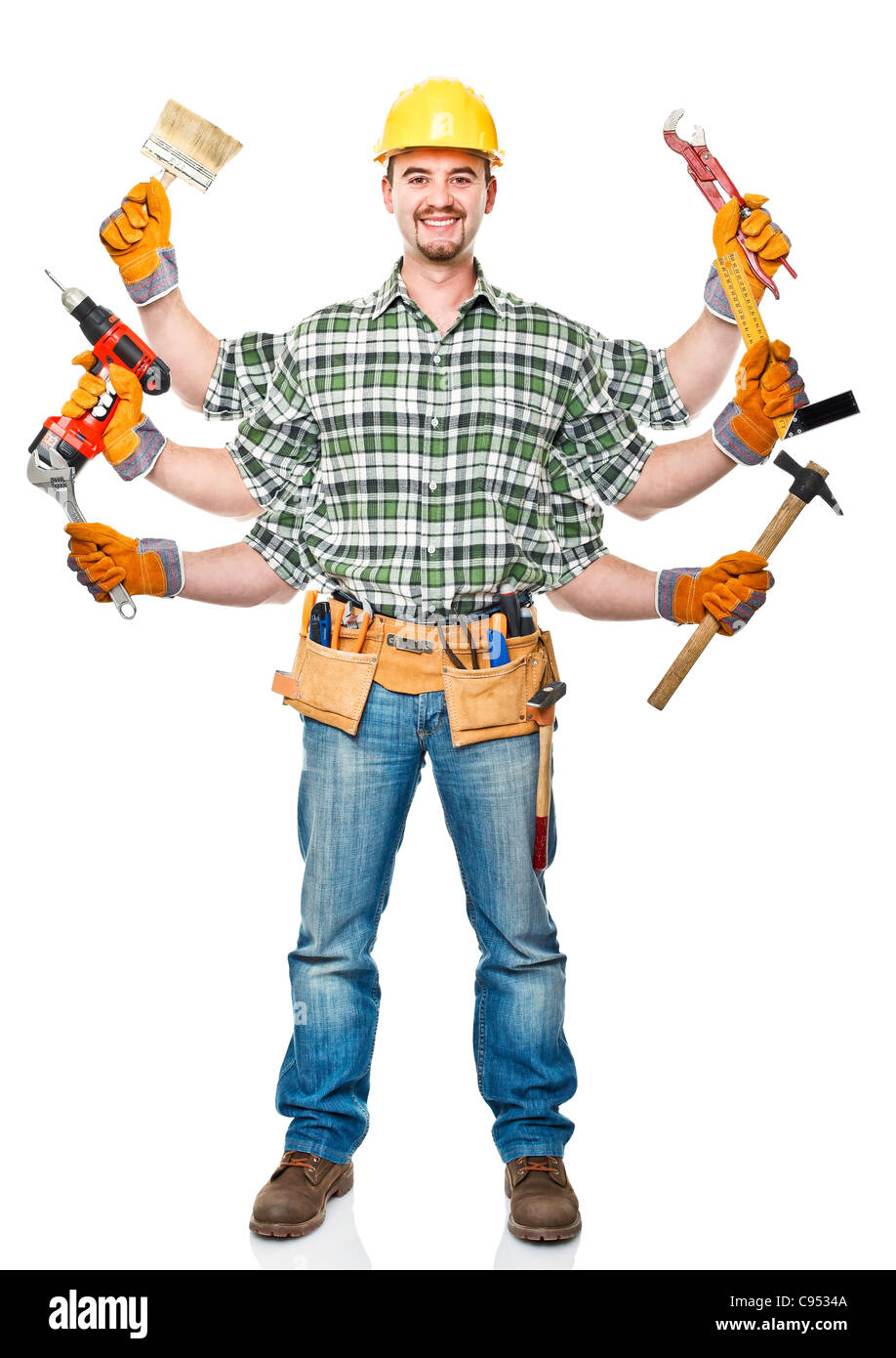 manual worker with six arms on white background Stock Photo - Alamy