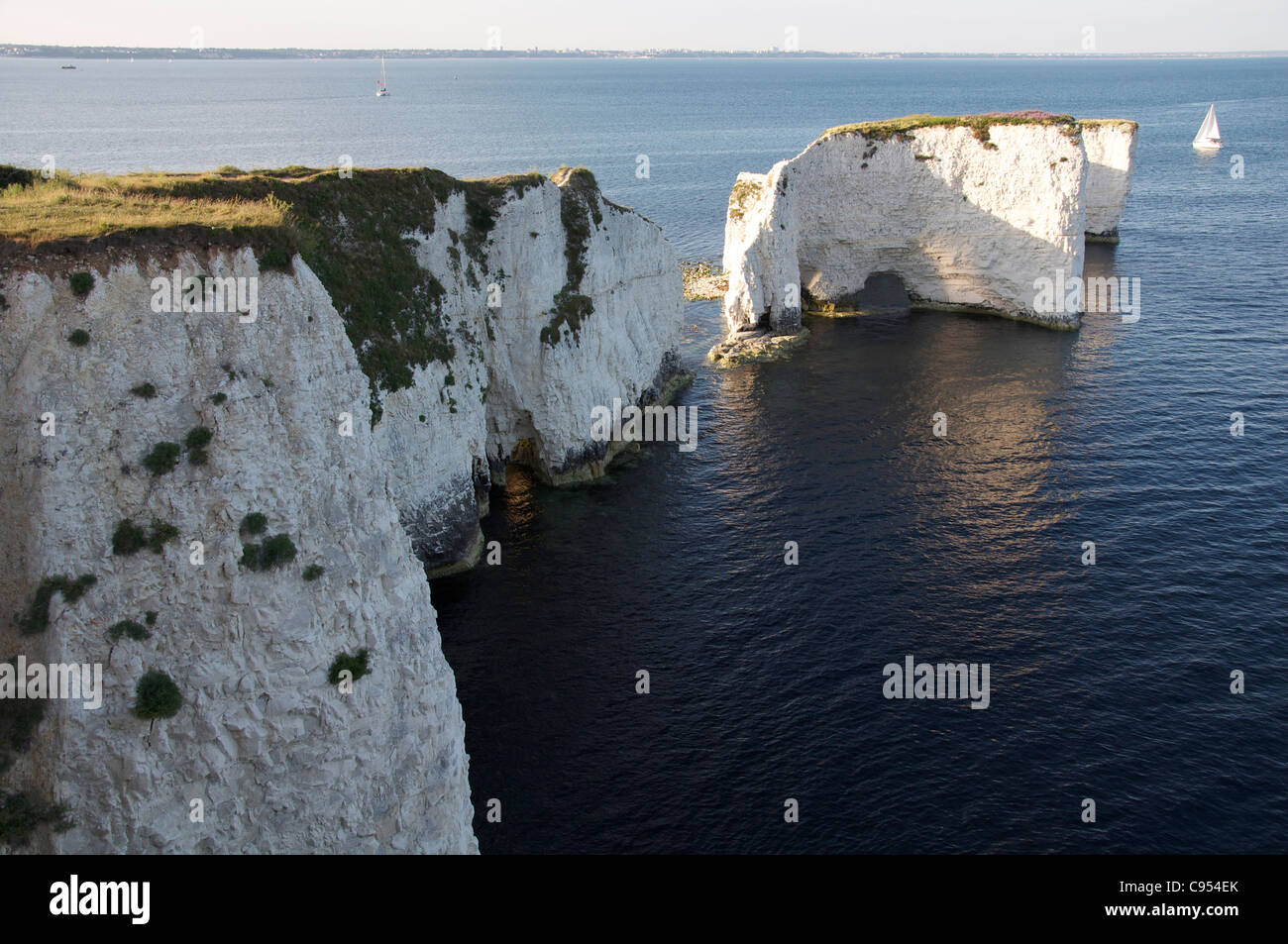 Old Harry Rocks. Massive chalk stacks standing just off the vertiginous ...