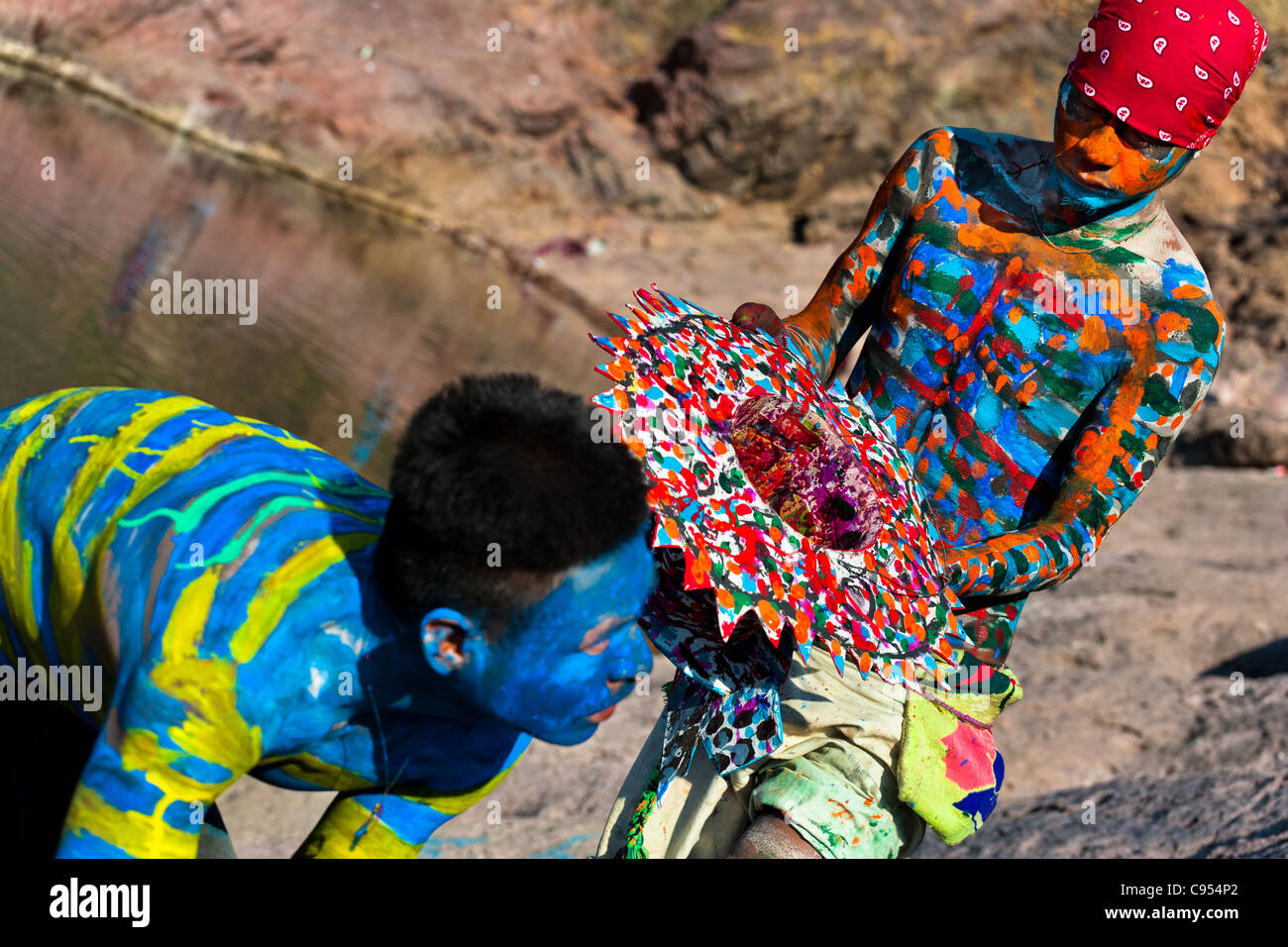 Cora Indians, with body and face painted, prepare themselves the sacred ...