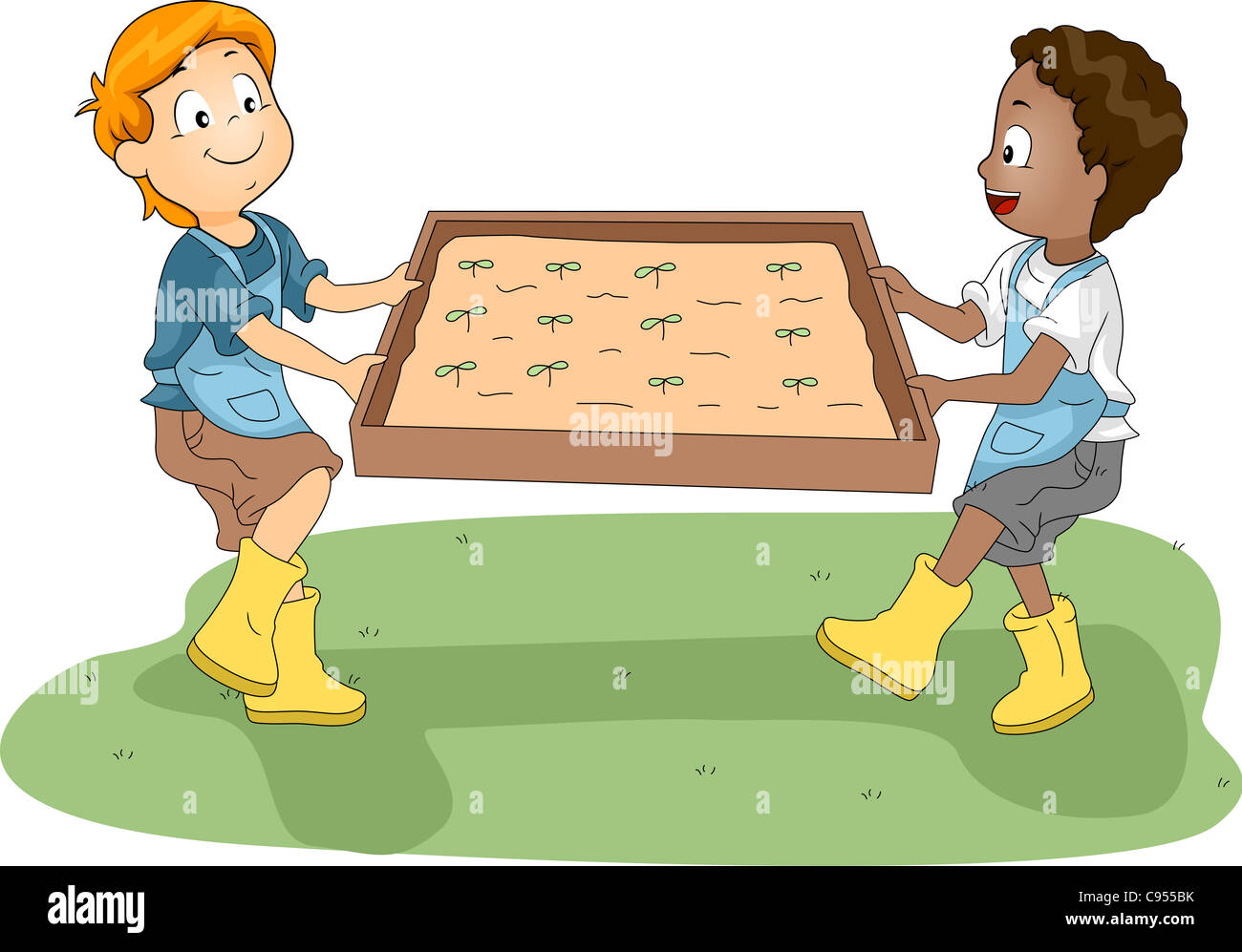 Illustration of Kids Transferring a Plant Box Stock Photo - Alamy