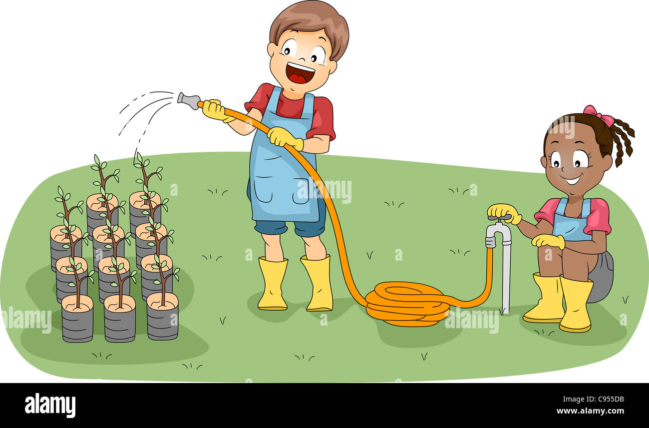 Kids Watering Plants Clipart