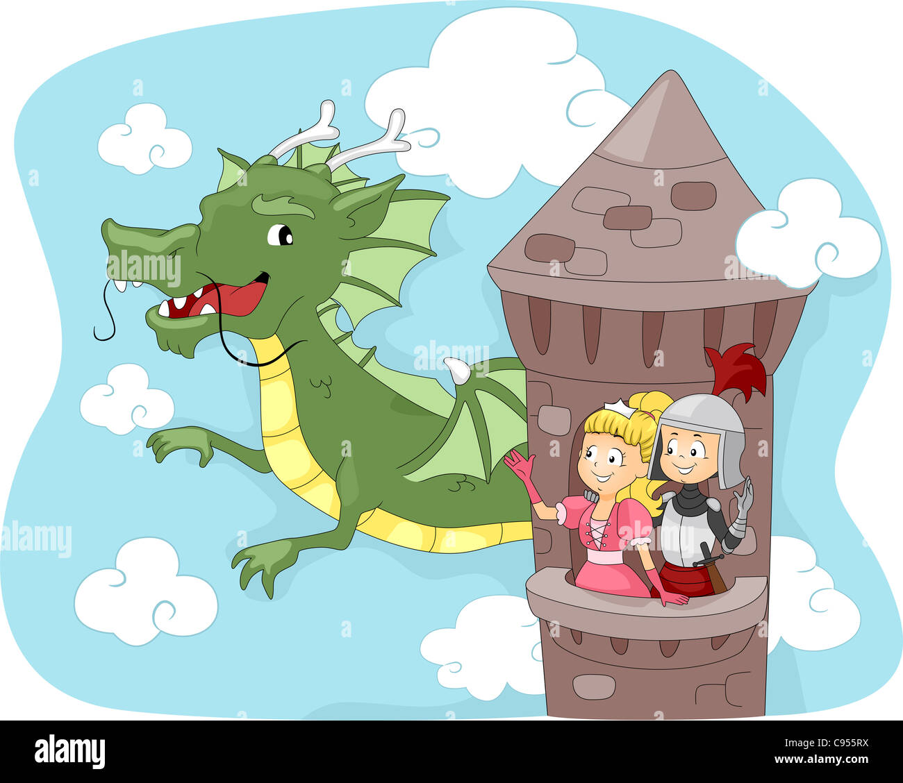 Illustration of a Dragon Passing by a Tower Stock Photo - Alamy