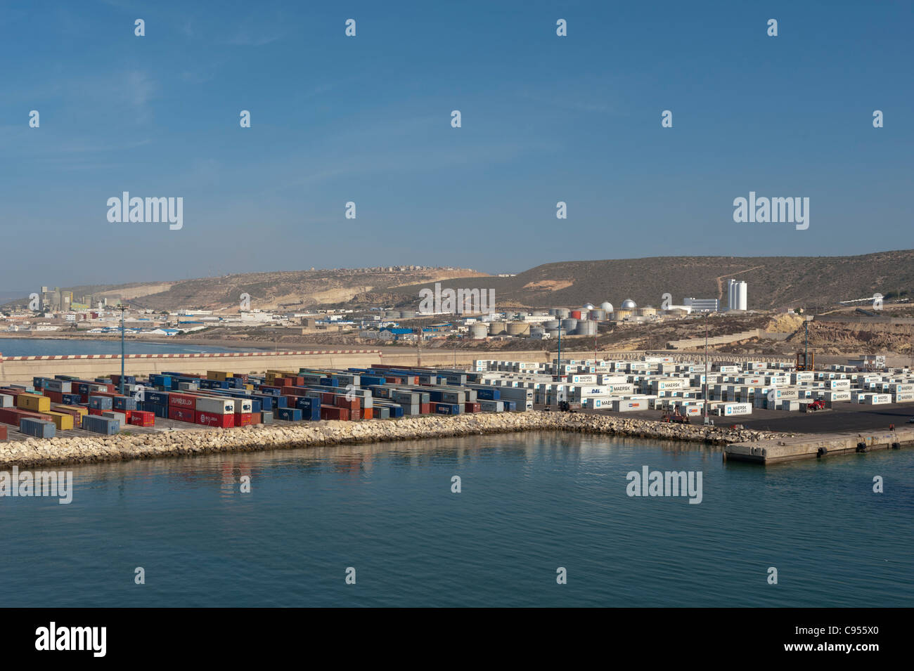 Agadir container port, with containers stacked at the quay side ...